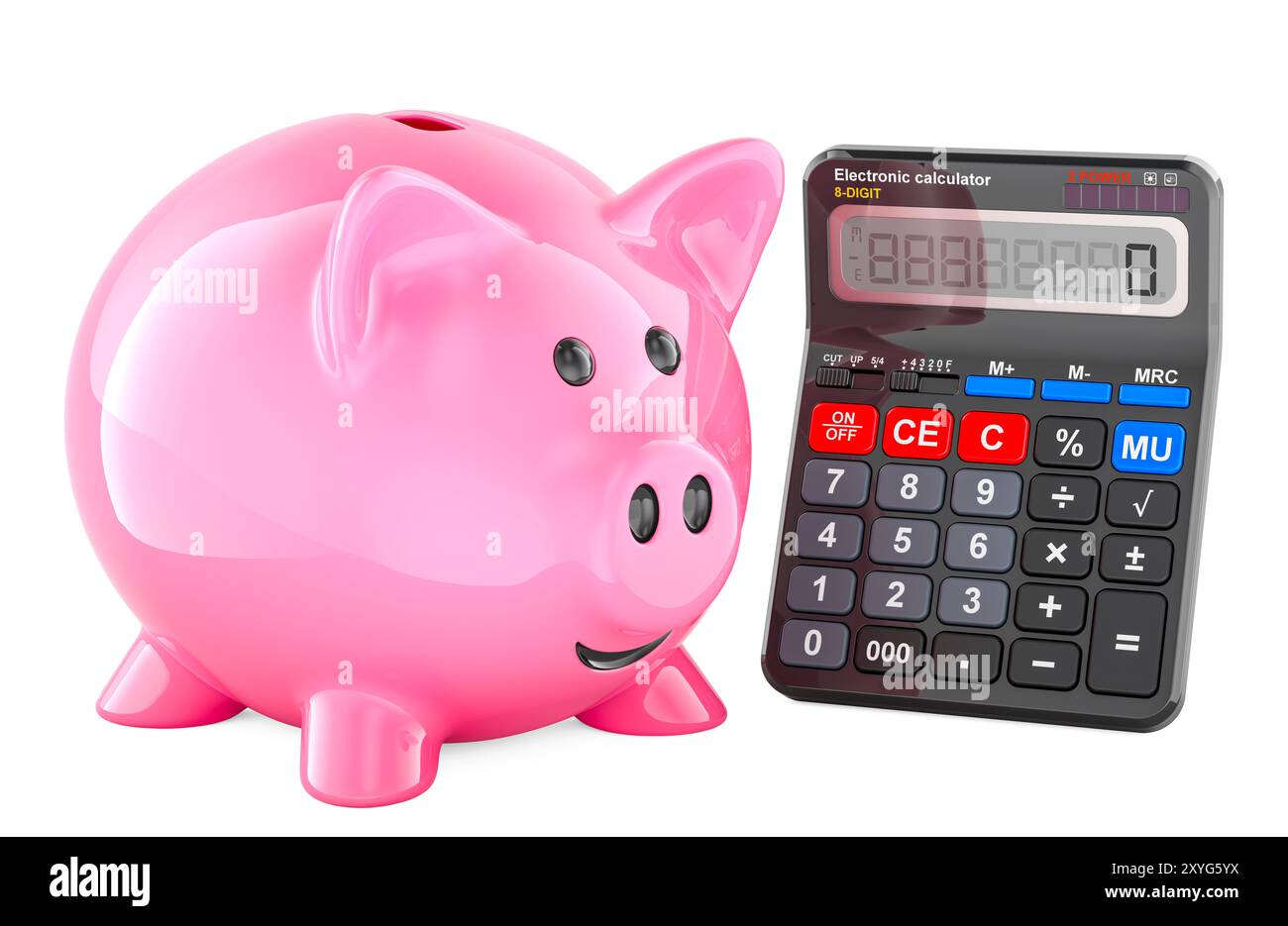 Piggy bank with calculator. Savings concept. 3D rendering isolated on ...