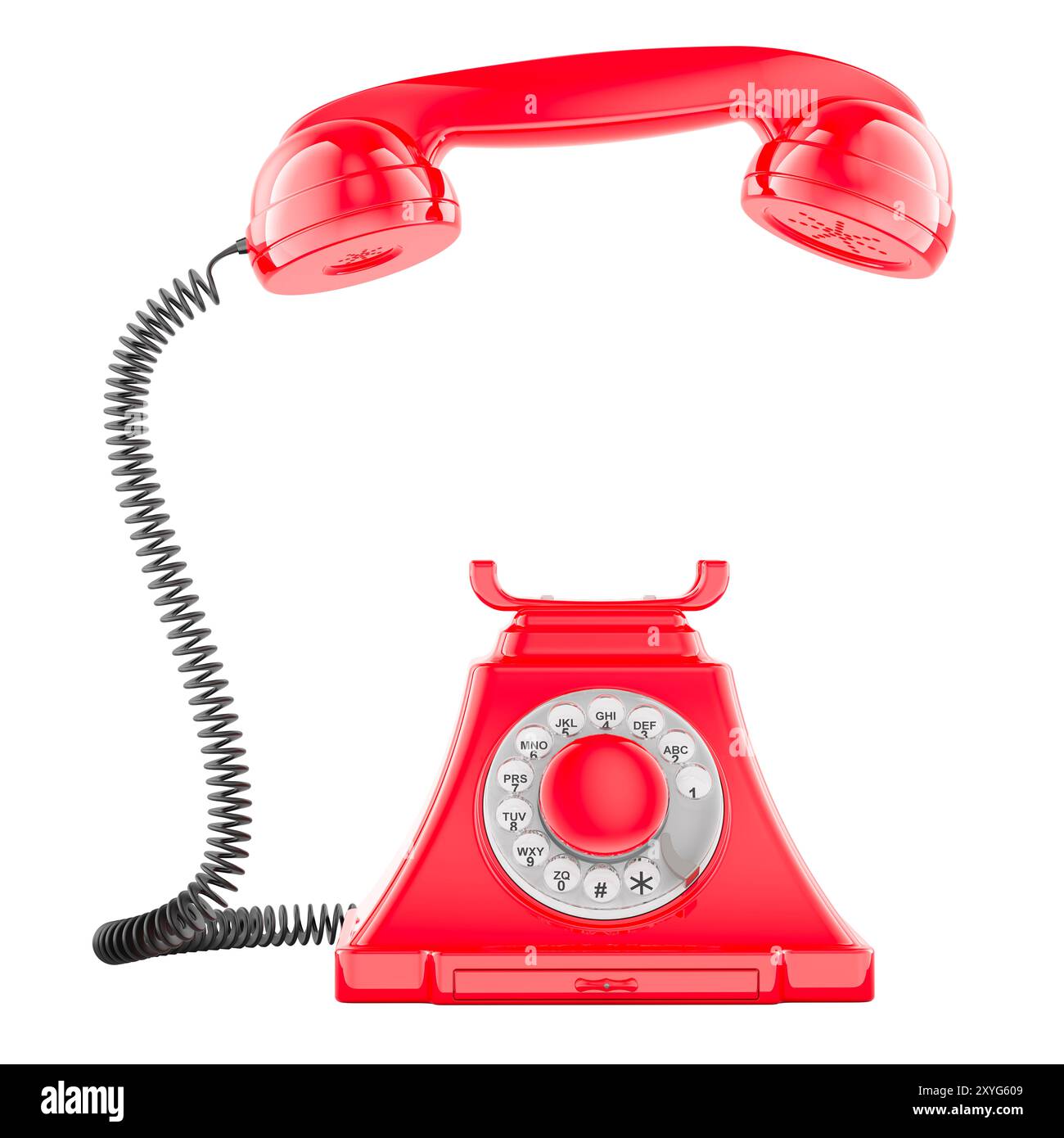 Red vintage phone with lifted handset receiver. 3D rendering isolated ...