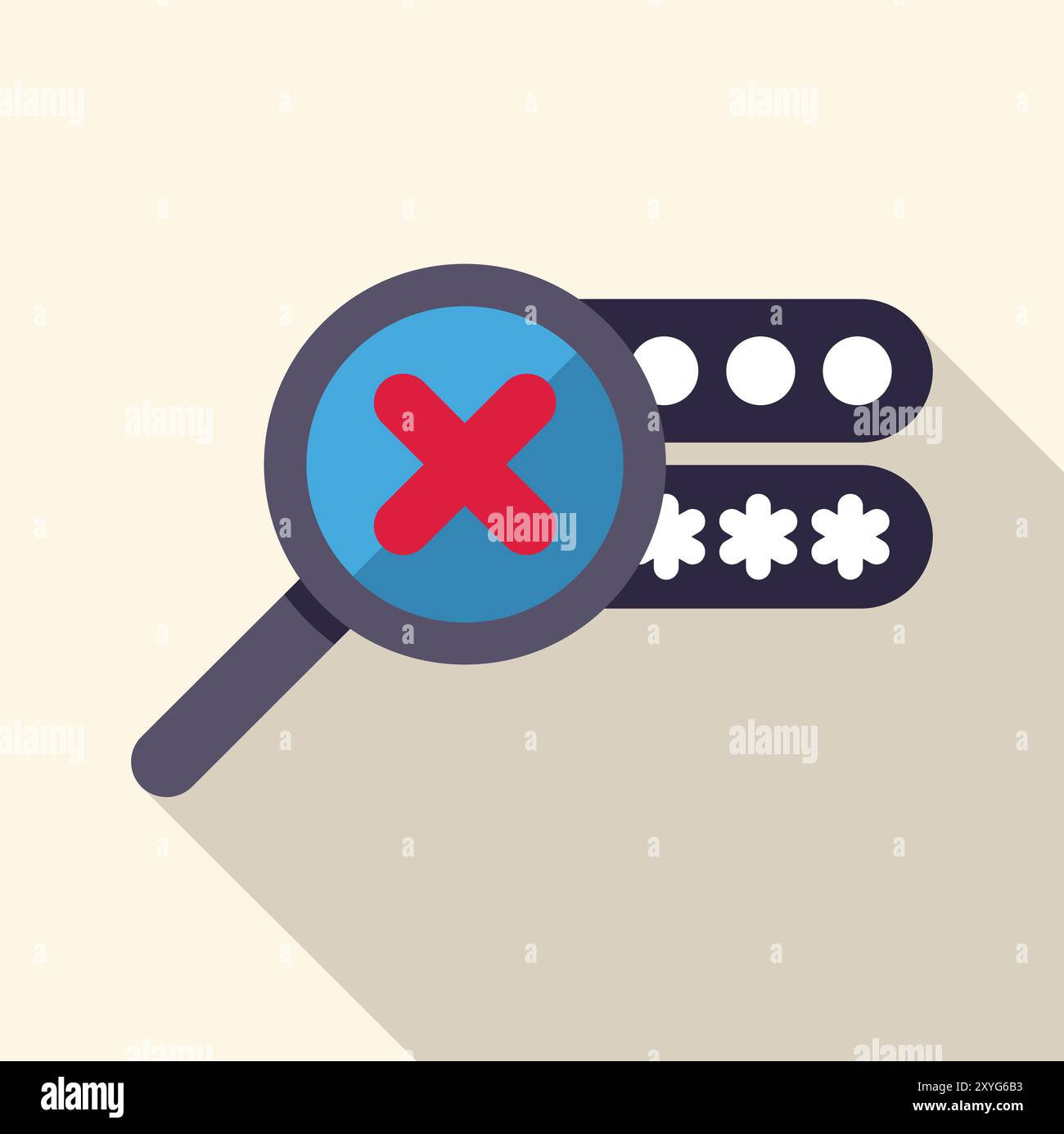 Magnifying glass showing a red cross symbol on a wrong password for login security Stock Vector ...