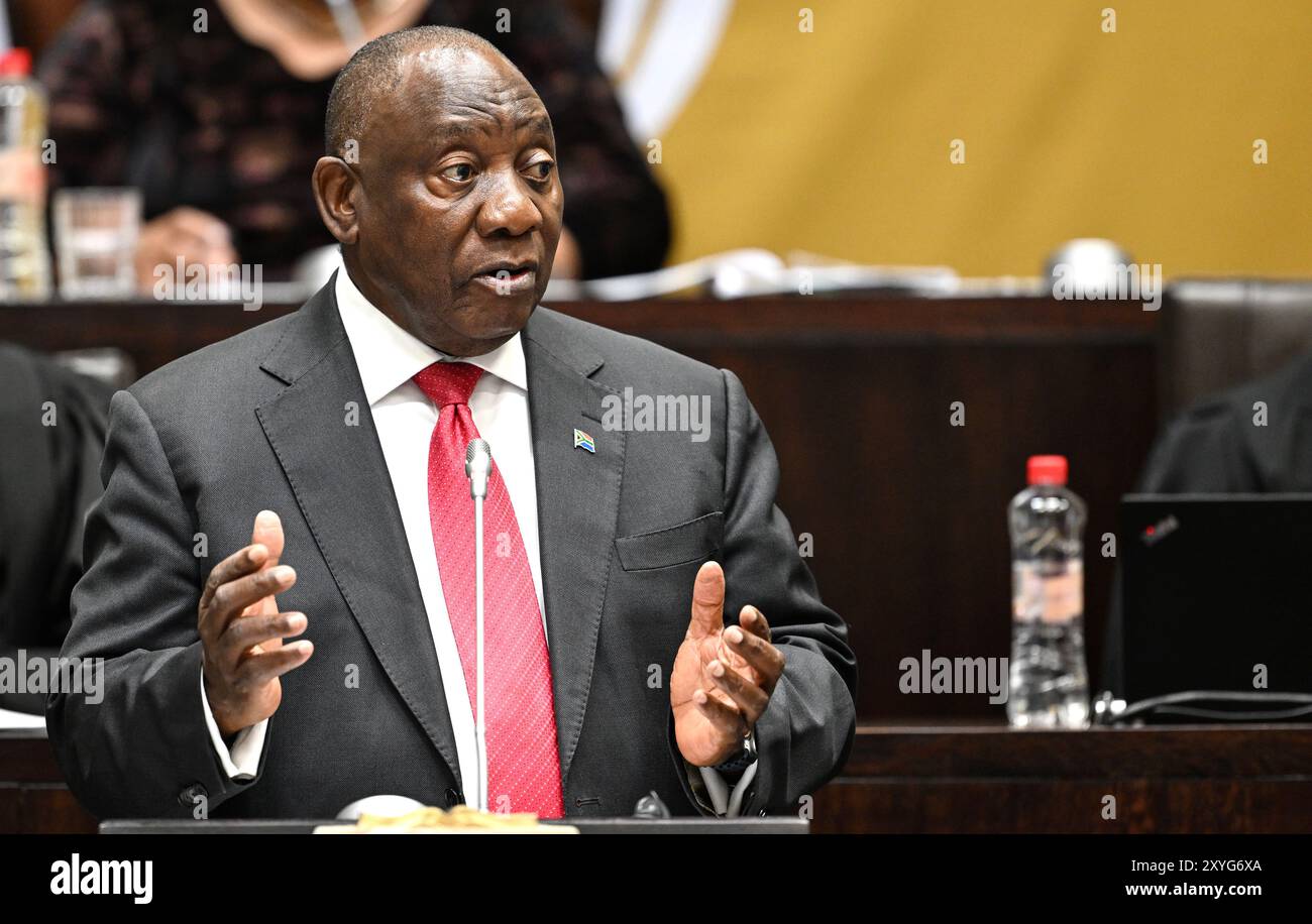 Cape Town, South Africa. 29th Aug, 2024. South African President Cyril Ramaphosa speaks during ...