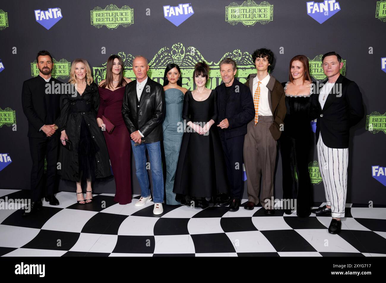 Justin Theroux, from left, Catherine O'Hara, Monica Bellucci, Michael Keaton, Jenna Ortega ...