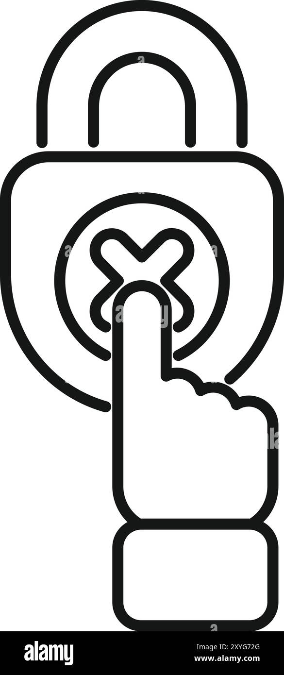 Line Art Vector Of A Hand Pressing A Button With A Cross Mark On A Lock Representing A Security