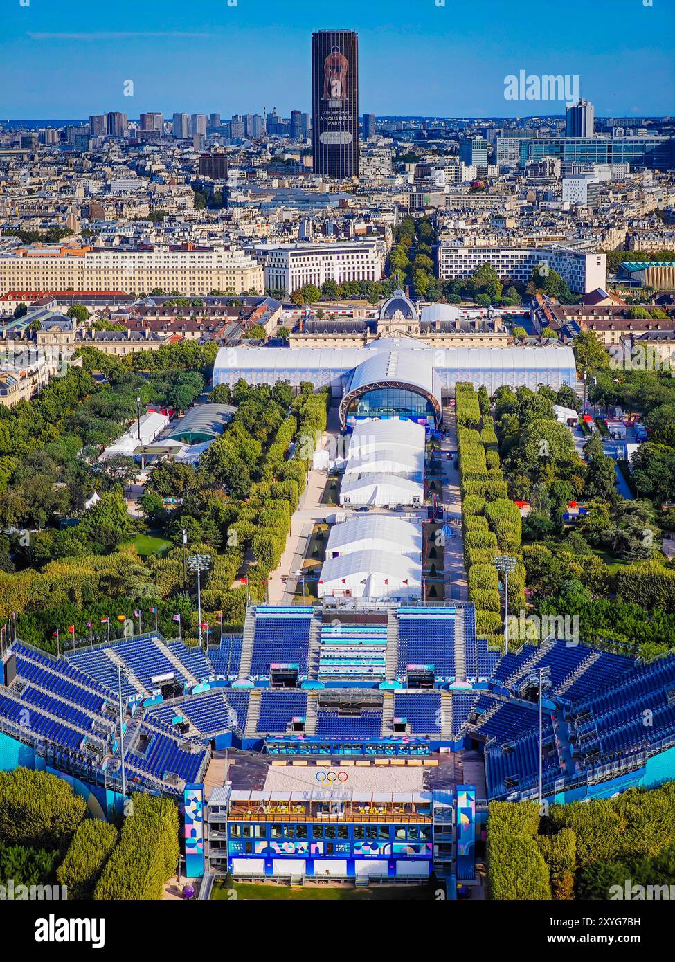 08 29 2024 - Paris, France. Aerial drone view of Eiffel Stadium on ...