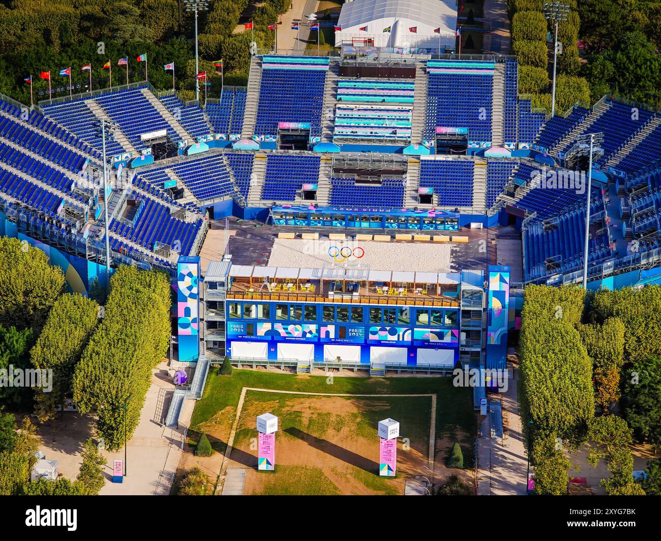 08 29 2024 - Paris, France. Aerial drone view of Eiffel Stadium on ...