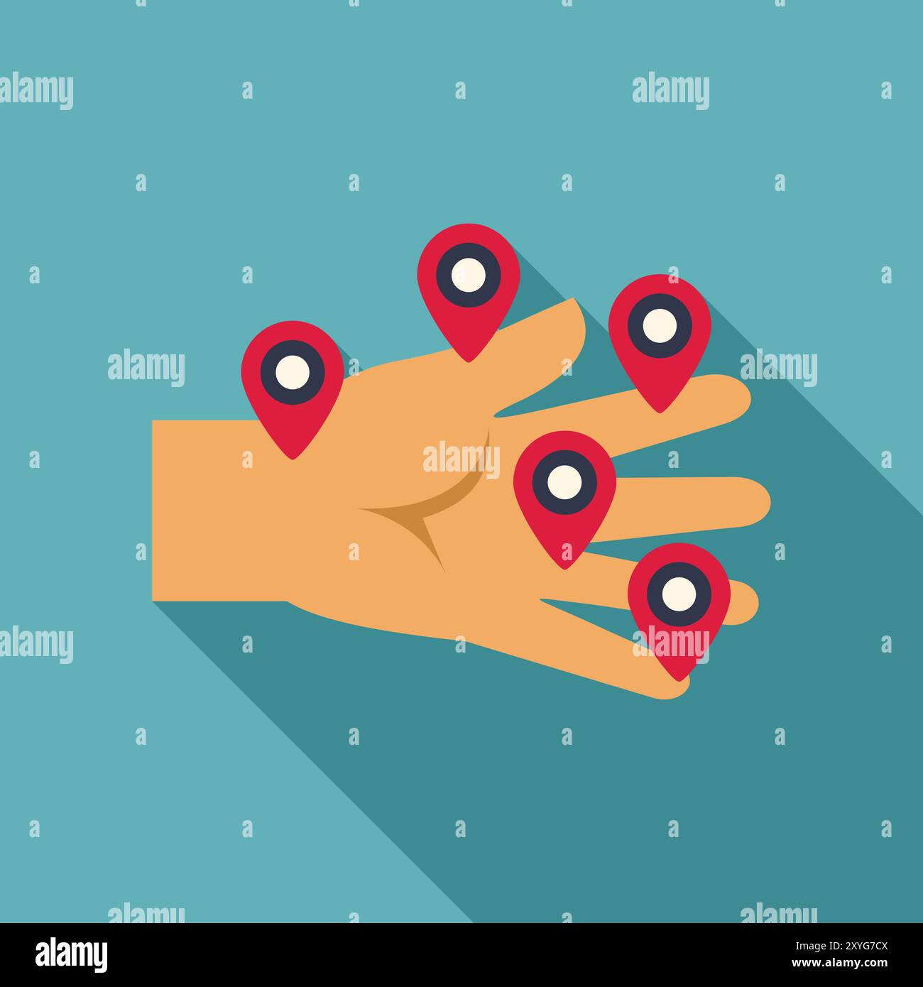 Open hand holding five red location pins with white circle in the ...