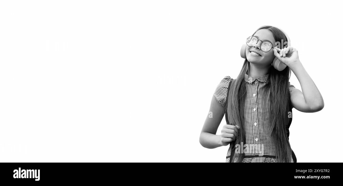 happy teen girl elearning in headphones. school education for girl ...