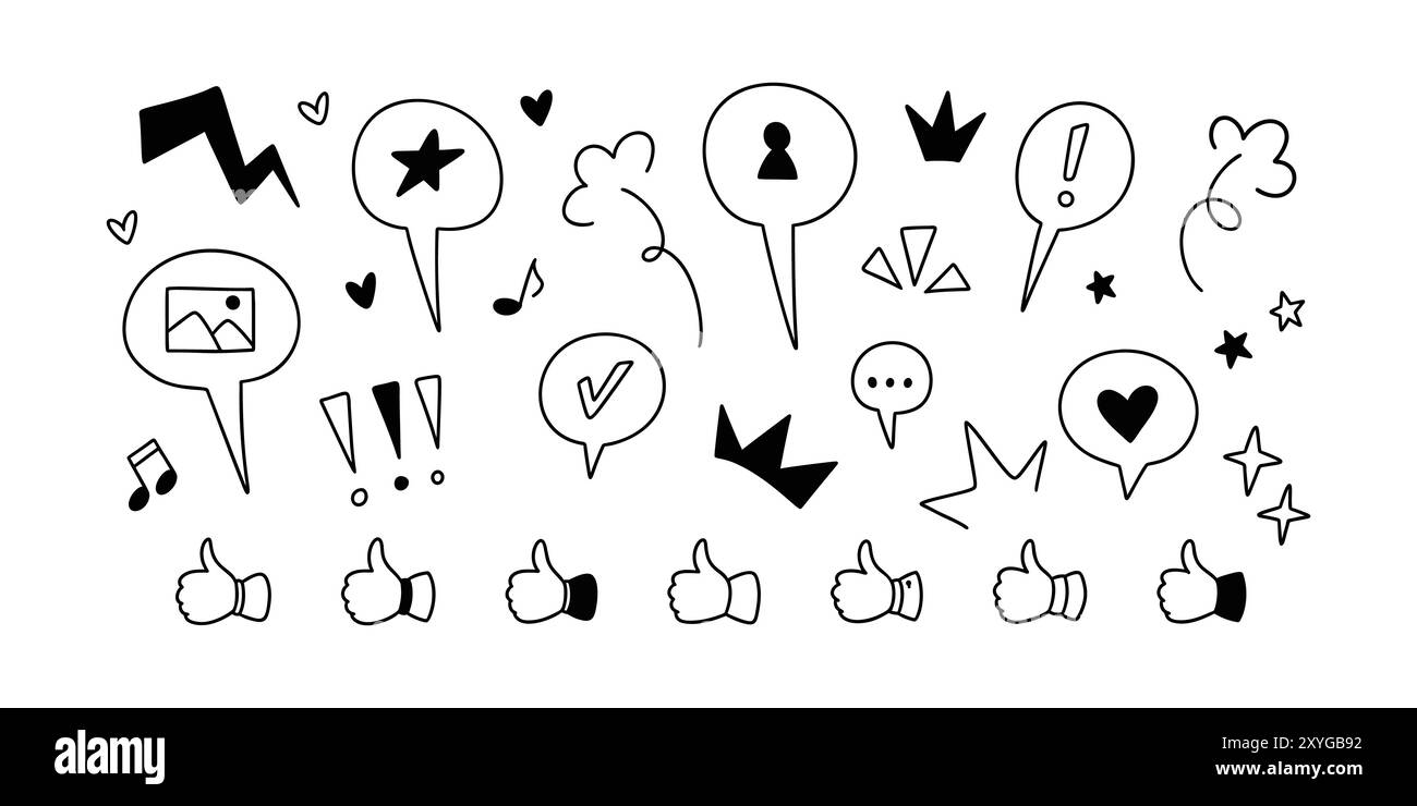 Cute line doodle social media like icons. Handwriting speech bubbles ...