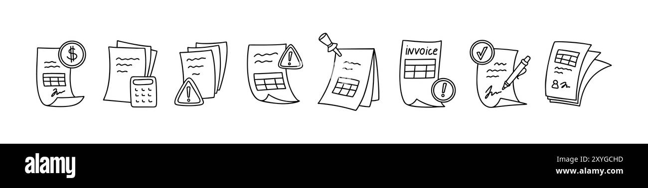 Invoice doodle icon set. Paper document, registration form, CV and ...