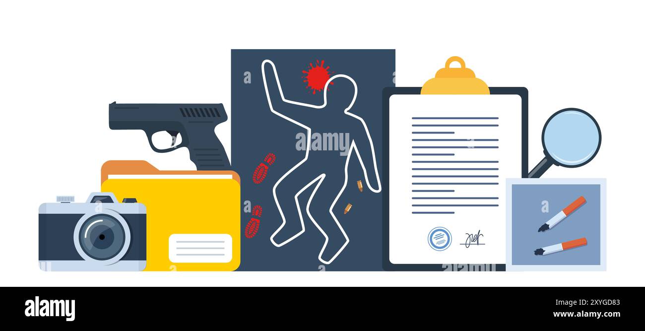 Murder investigation icons composition. Police detective equipment. Investigation tools. Crime ...