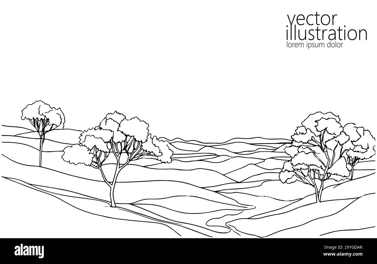 Single continuous line art tree park alley. Outdoors garden landscape ...