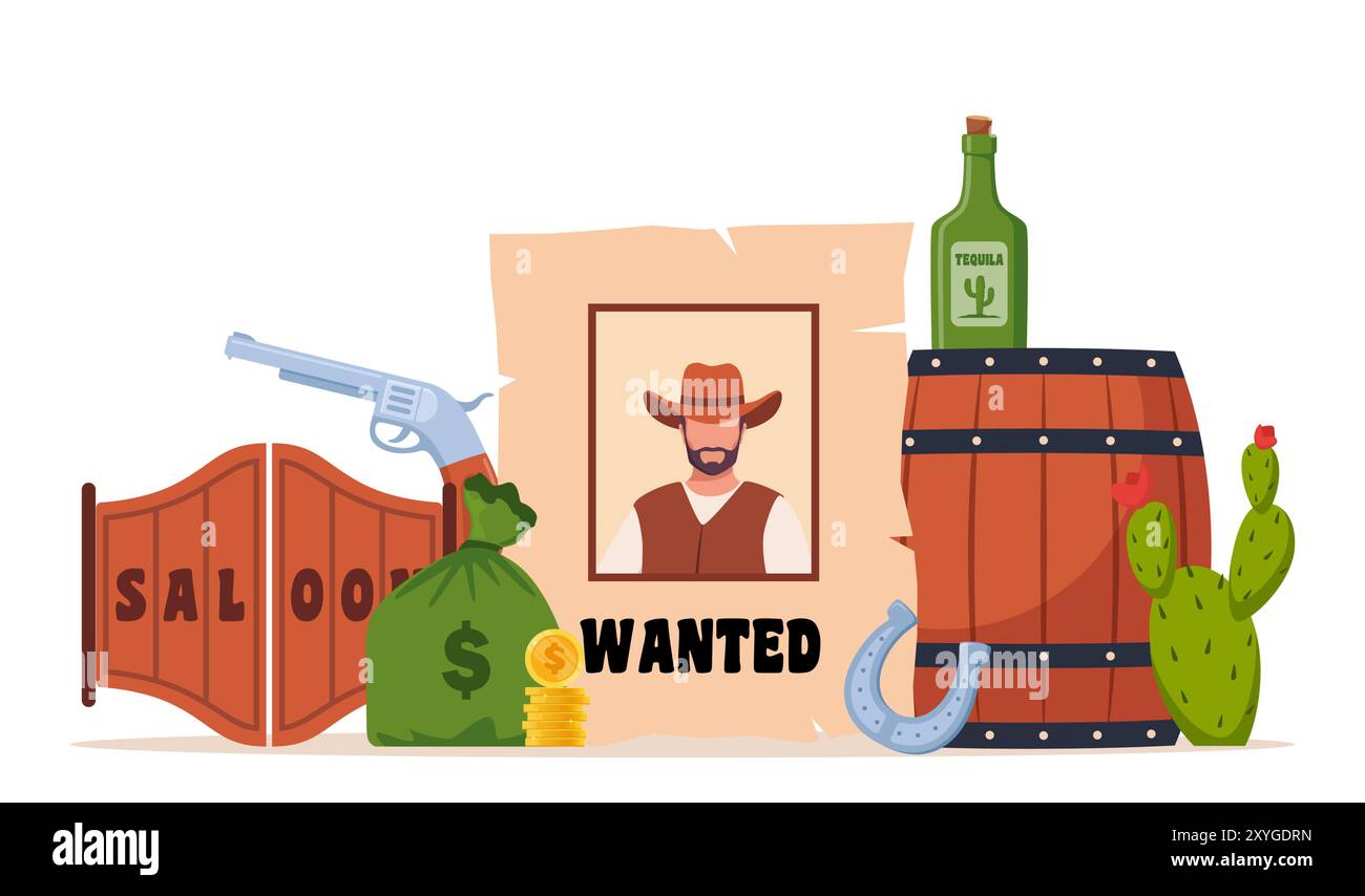 Wild West icons composition. Western and cowboy elements. Texas symbols ...