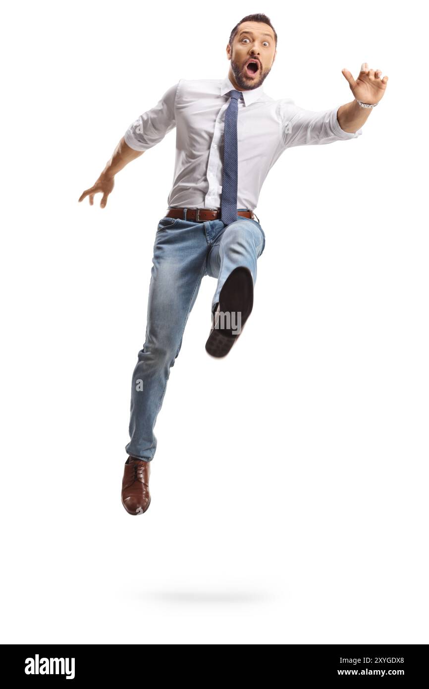 Scared businessman falling and screaming isolated on white background ...