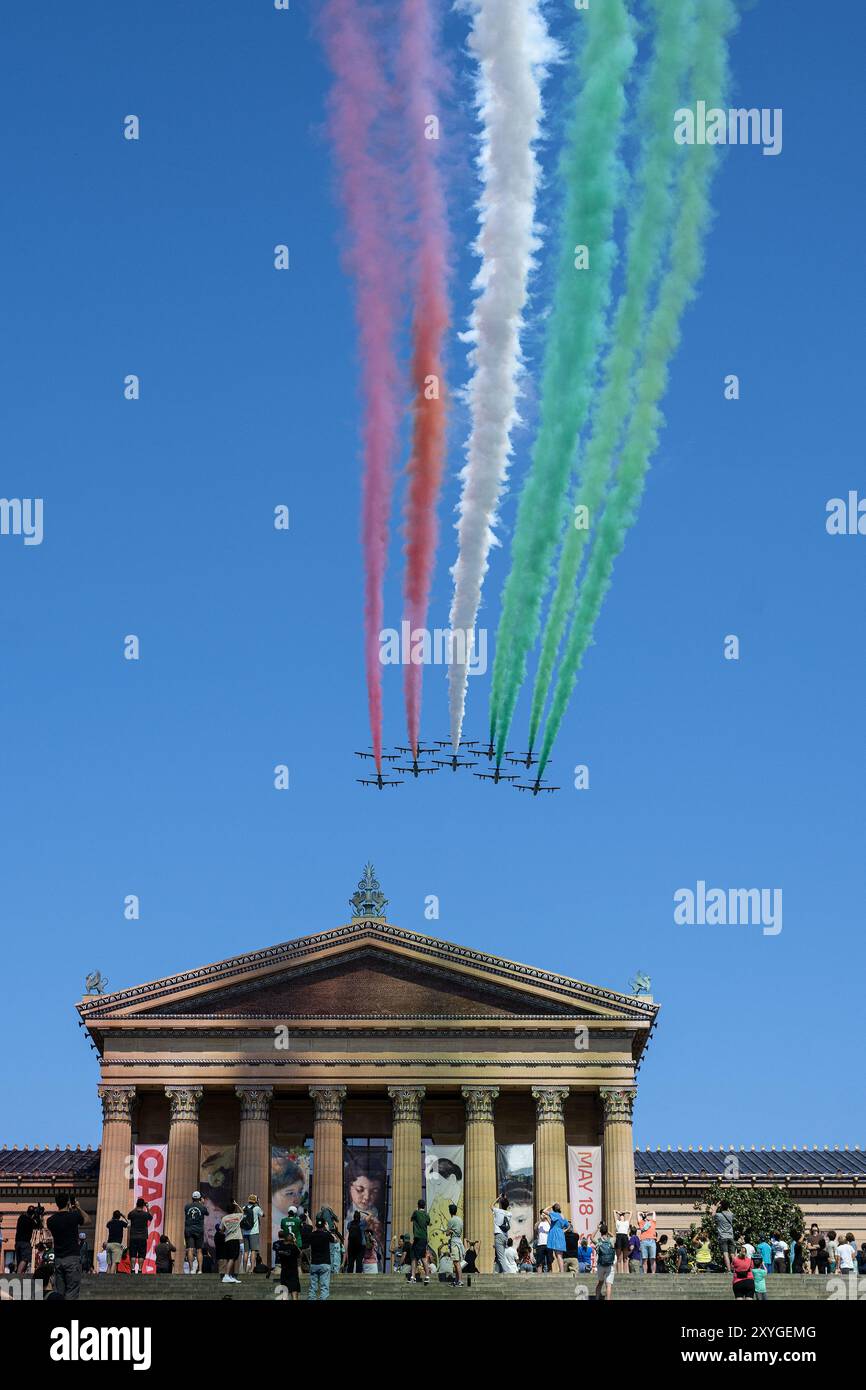 The Italian Air Force Frecce Tricolori performs a flyover of the ...