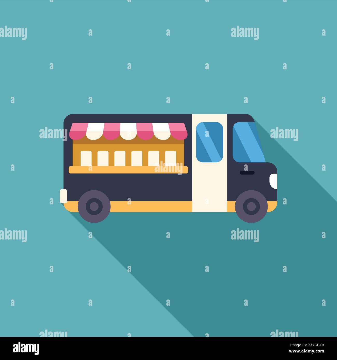 Food truck is offering take away food in flat design style with long ...
