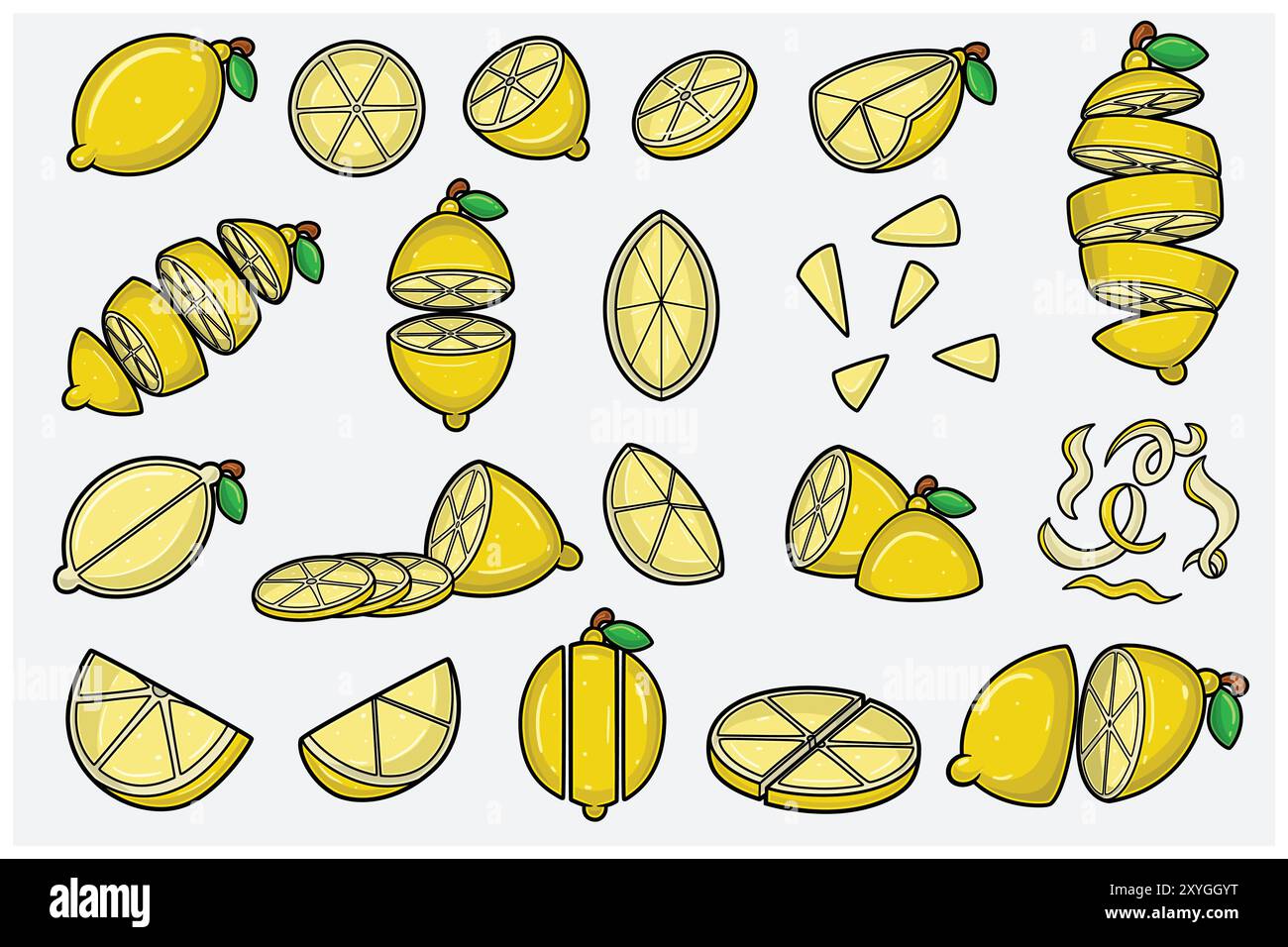 Lemon fruits cartoon set with slice, half, cutting and different pose ...