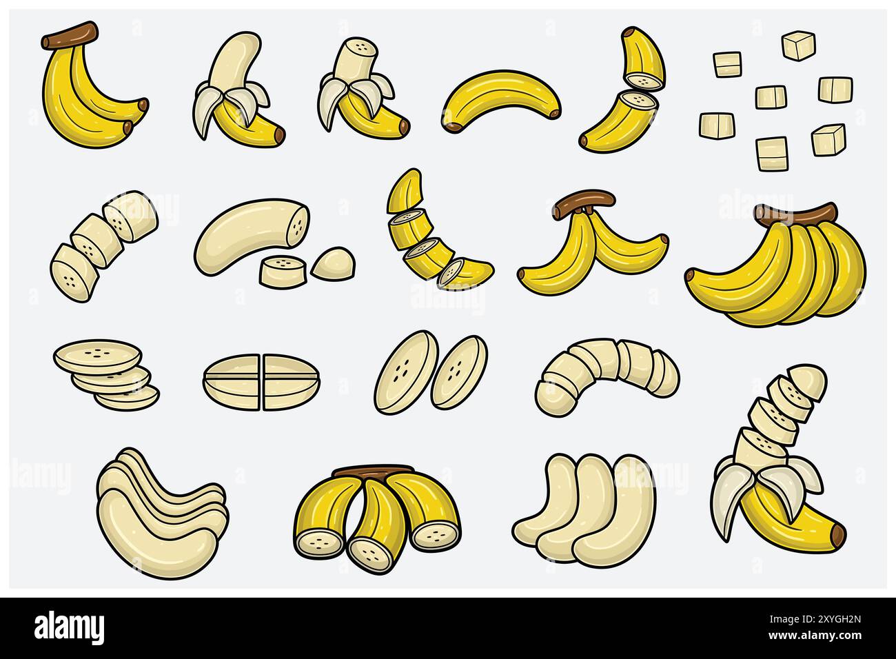 Banana fruits cartoon set with slice, half, cutting and different pose ...