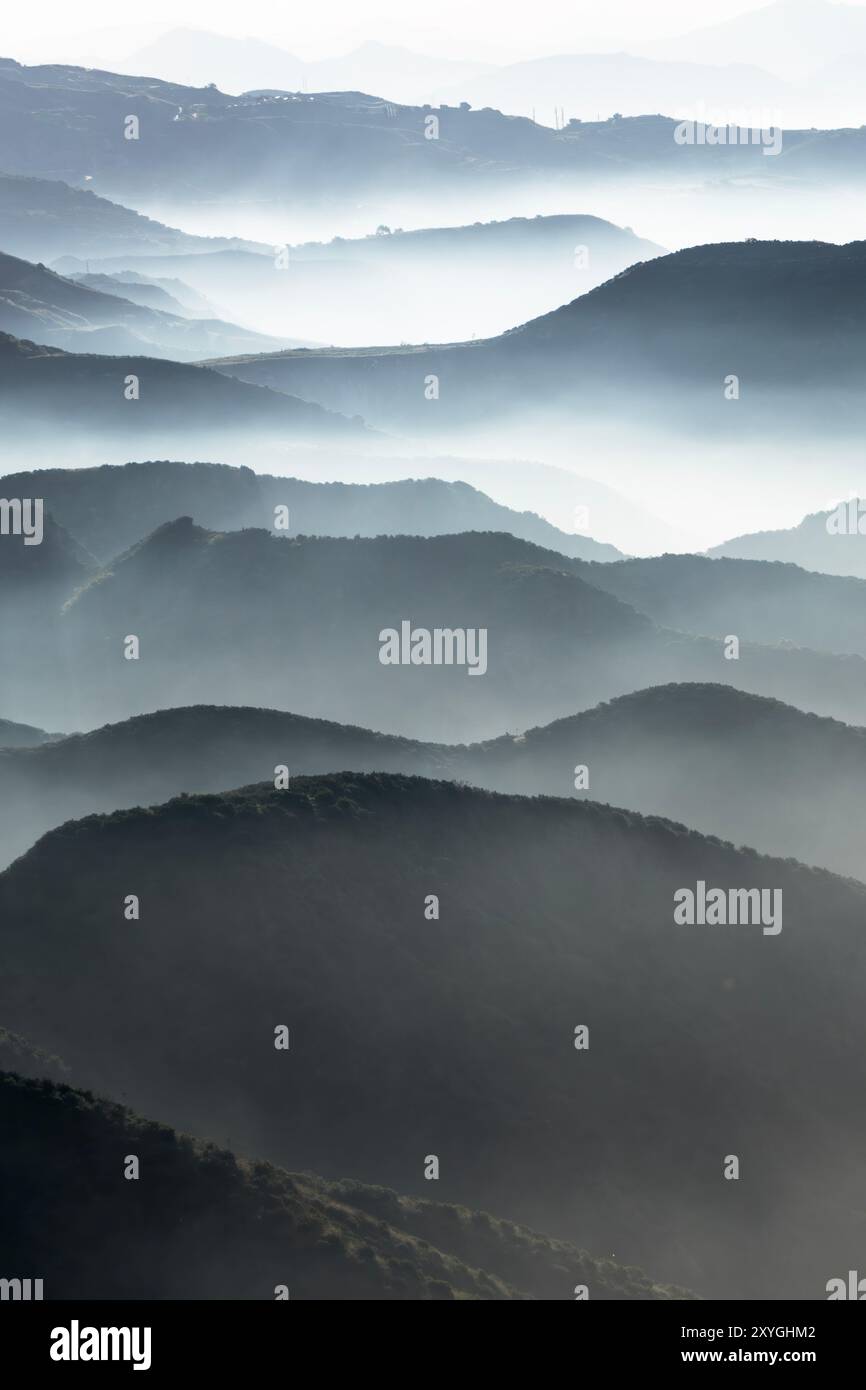 Misty mountain canyon ridges near Porter Ranch and Chatsworth in Los ...