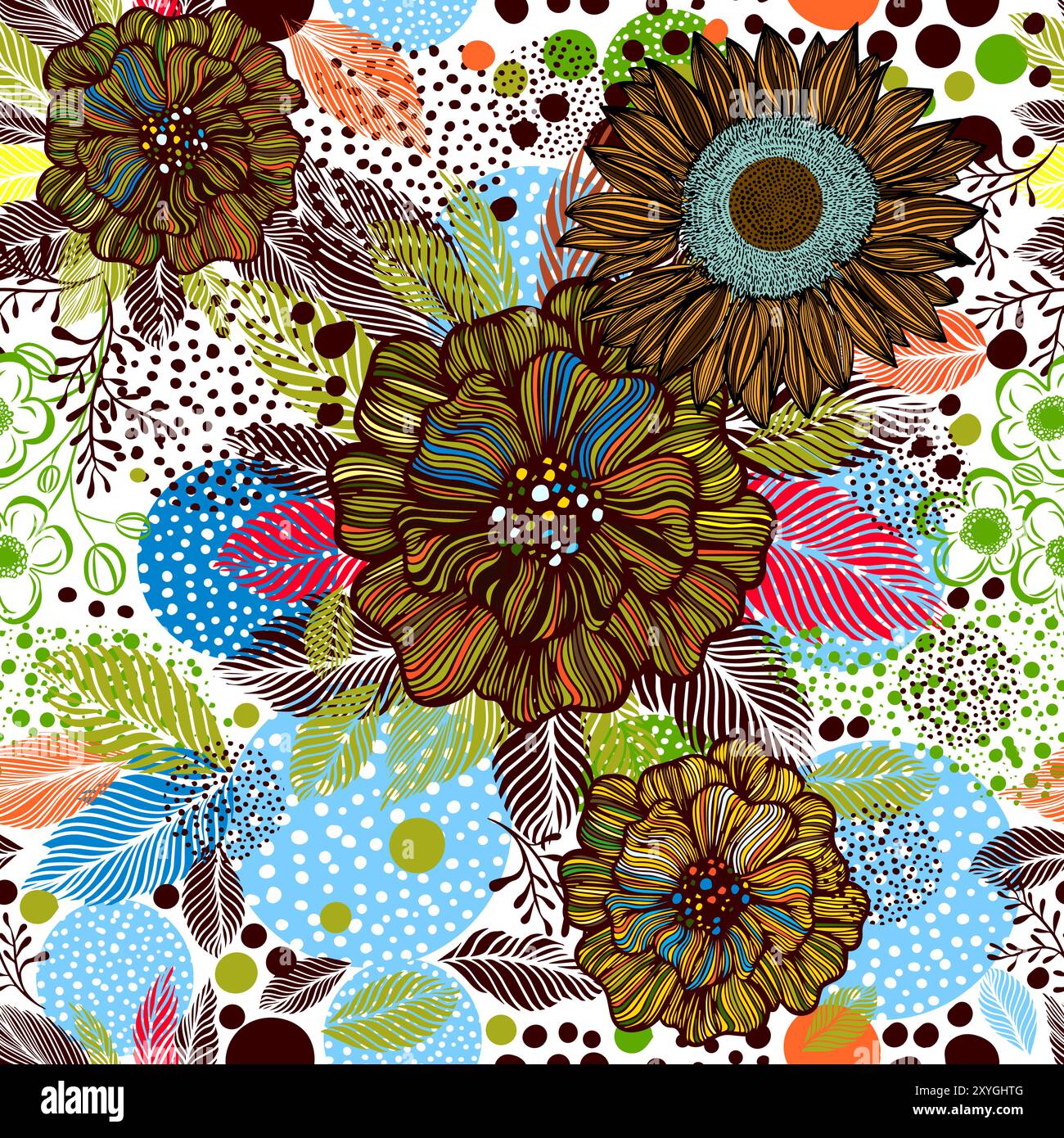 colored graphic flowers seamless pattern. Not AI. Vector illustration ...