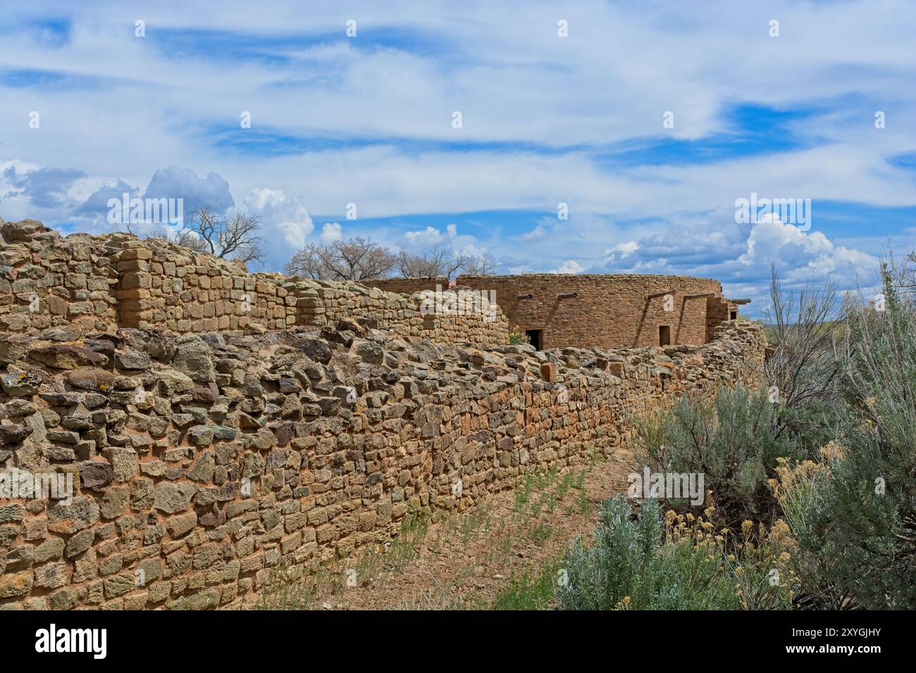 Ancient Puebloan stone masonry walls around Great Kiva under dynamic ...