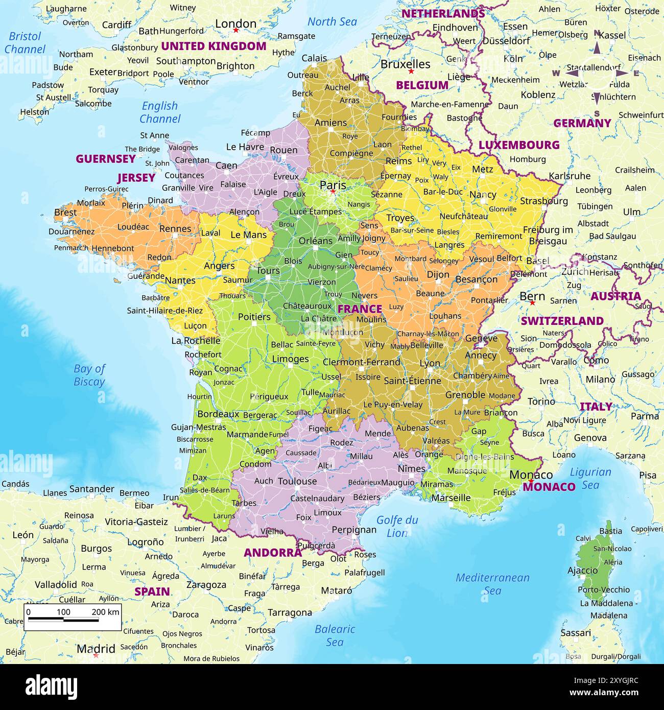France political map with capital , cities, towns, national borders ...