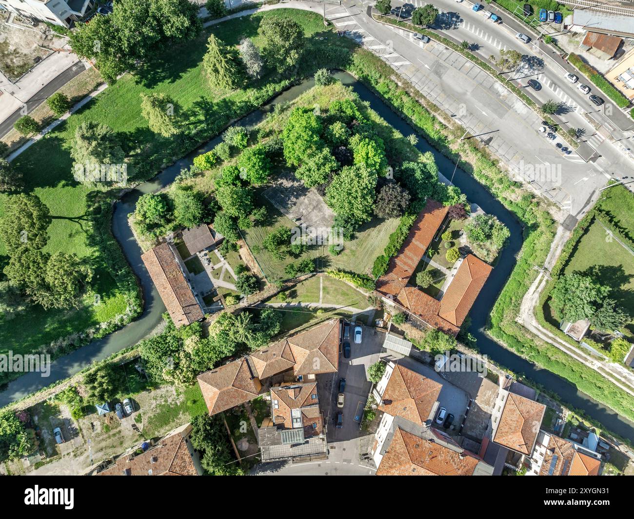 Aerial view of angled bastion on the medieval city wall protecting ...