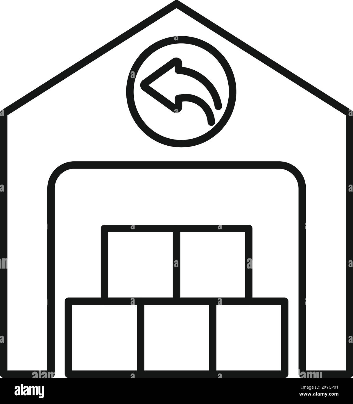 Line icon of warehouse building with boxes inside and return arrow sign ...