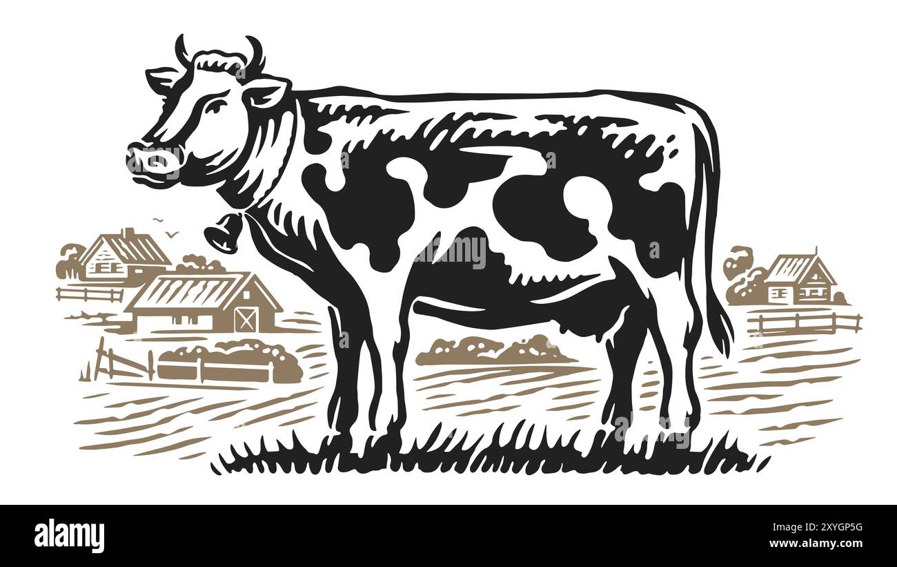 Farm cow grazing in meadow with village in the background. Dairy farm ...