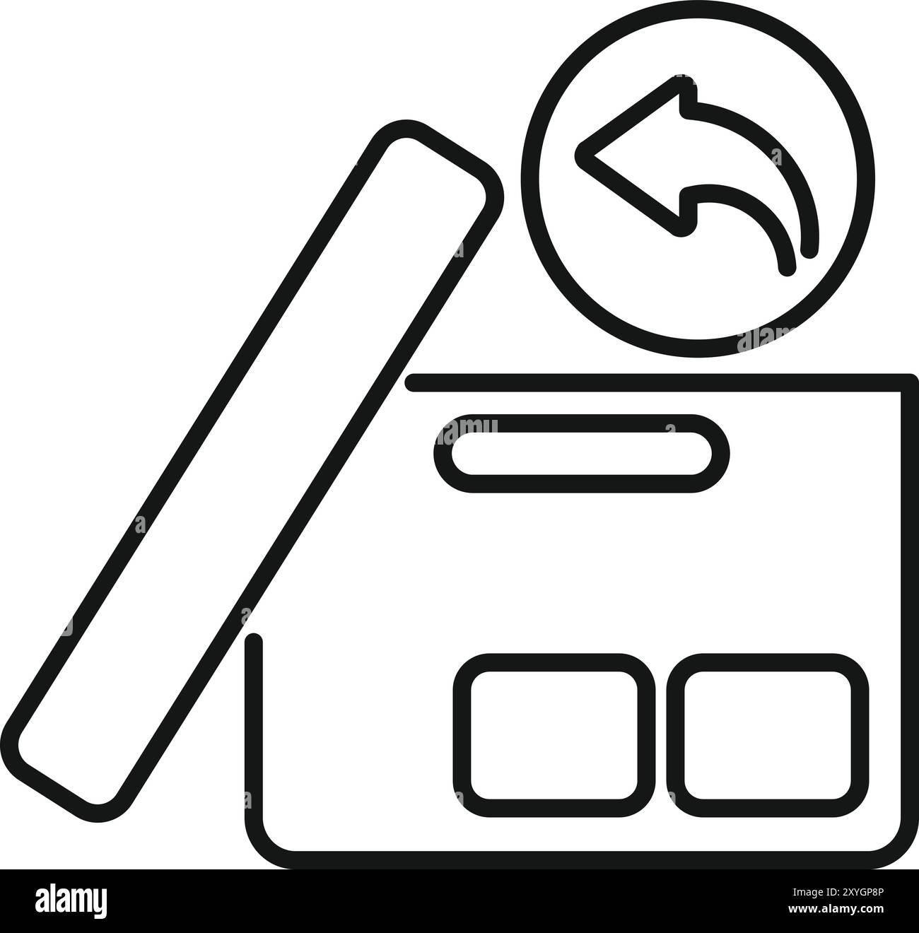 Line drawing of an open cardboard box with return sign, symbolizing a ...