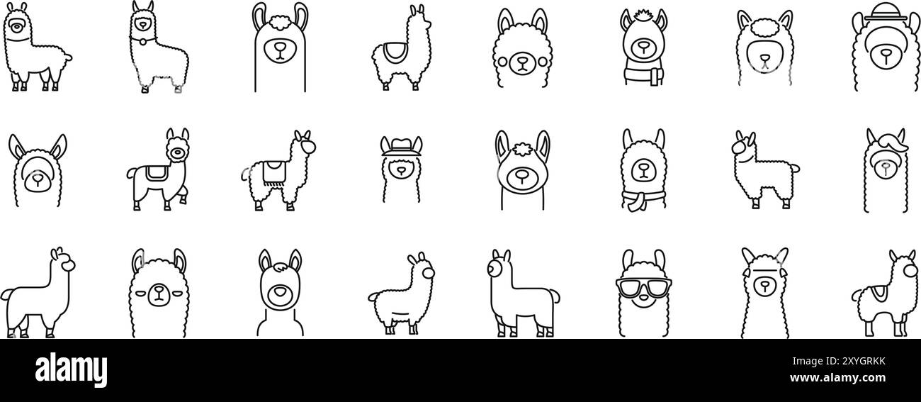 Alpaca icons set. Set of cute llamas wearing clothes and posing in ...