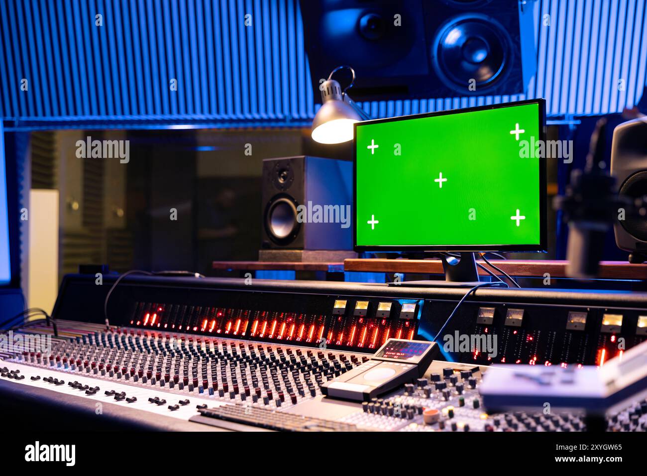 Empty professional studio control room with greenscreen pc, technical ...