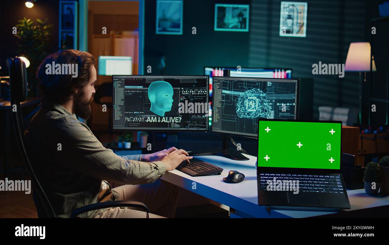 AI becoming sentient, chatting with computer scientist, asking existential questions, green ...