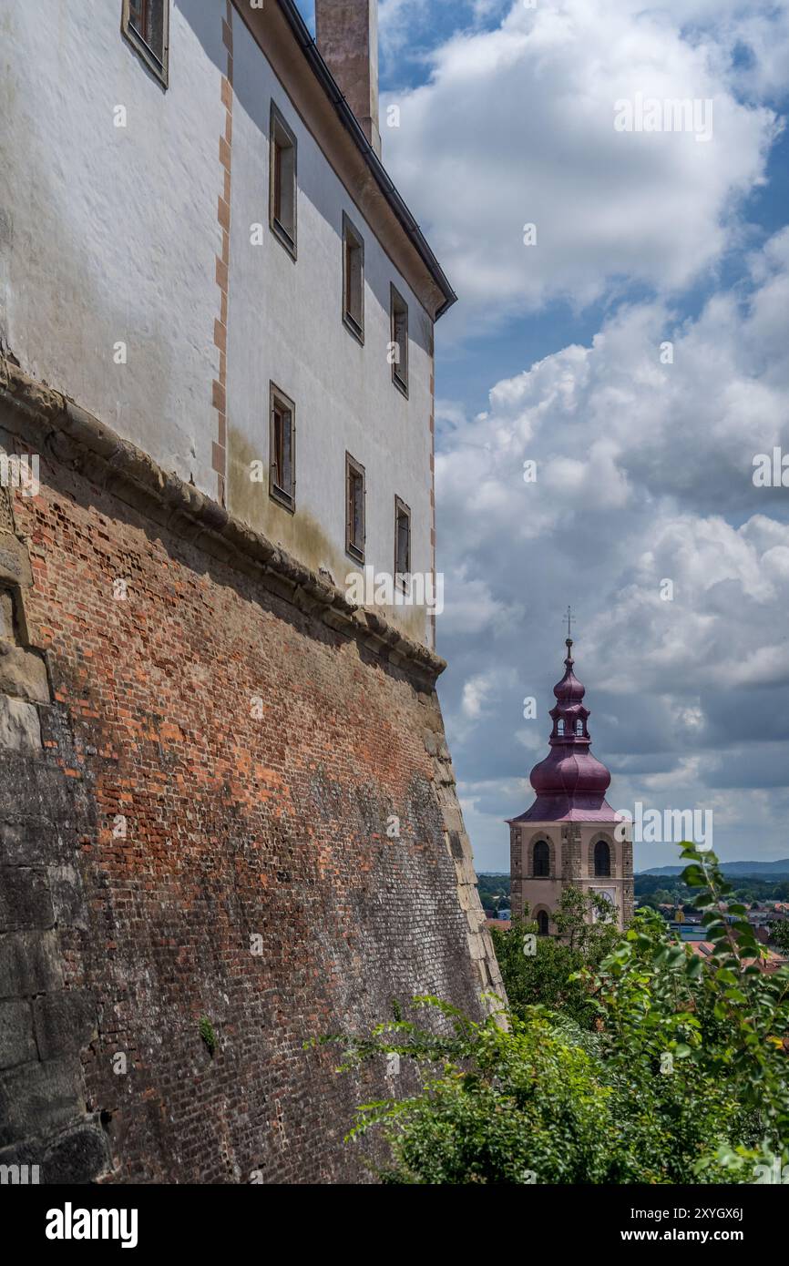 Inside Ptuj castle in Slovenia, restored gate building, church tower ...