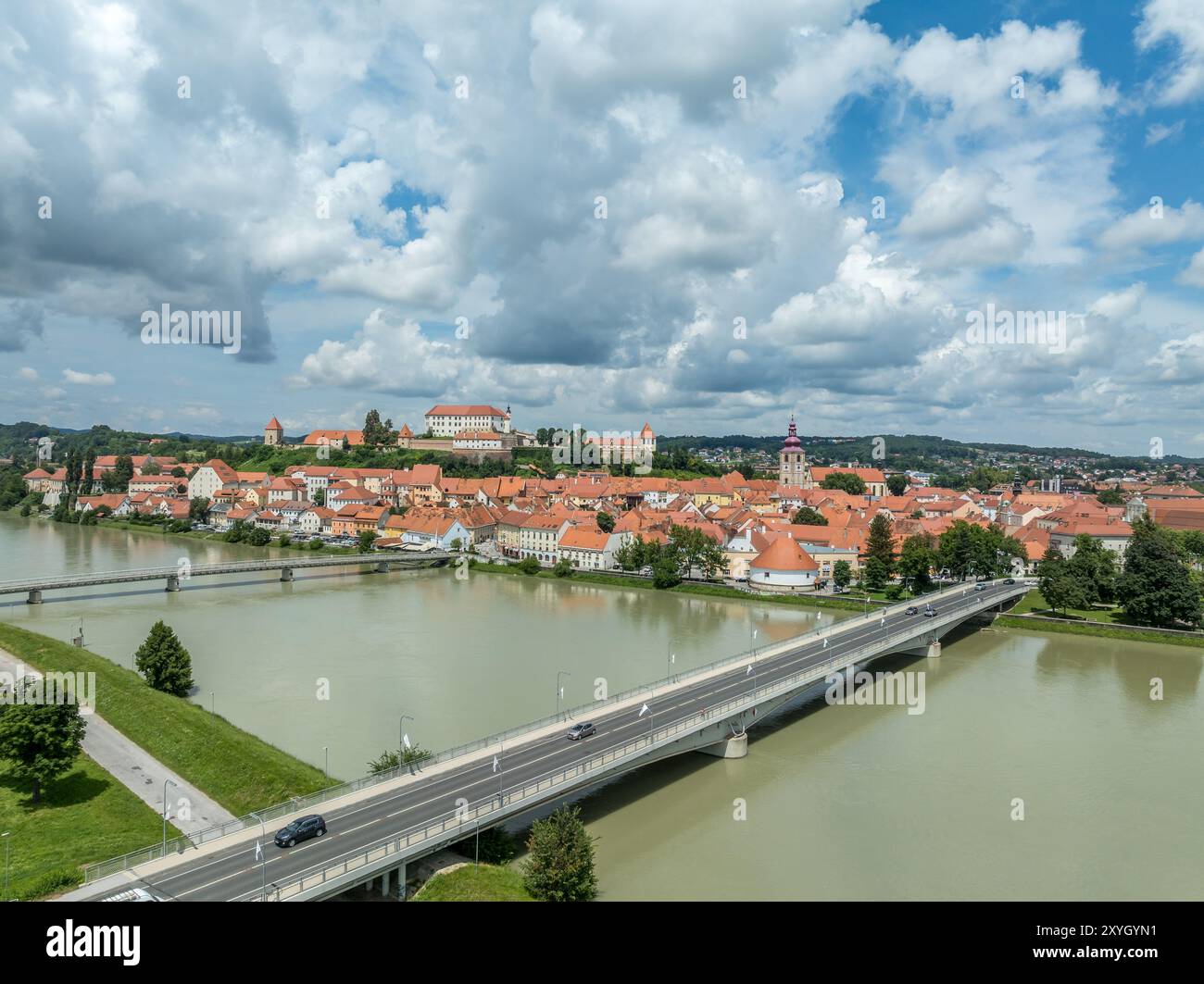 Aerial view of Ptuj, oldest Slovenian town along the Drava river with ...
