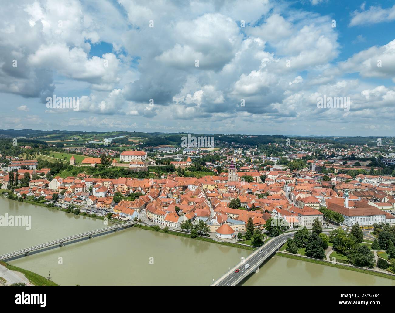 Aerial view of Ptuj, oldest Slovenian town along the Drava river with ...