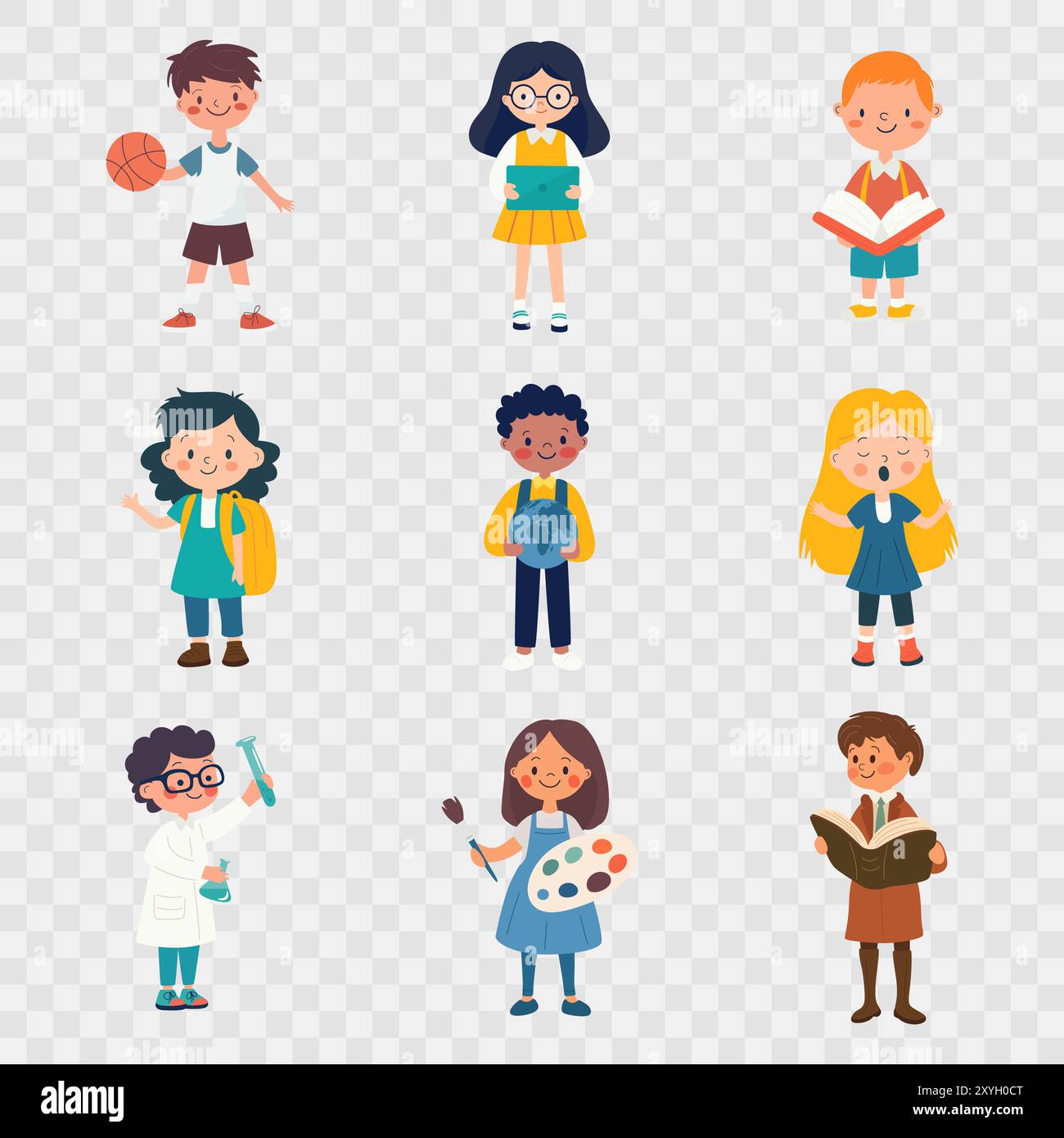 Flat Cartoon School Kids Engaged in Various Subjects - Science ...