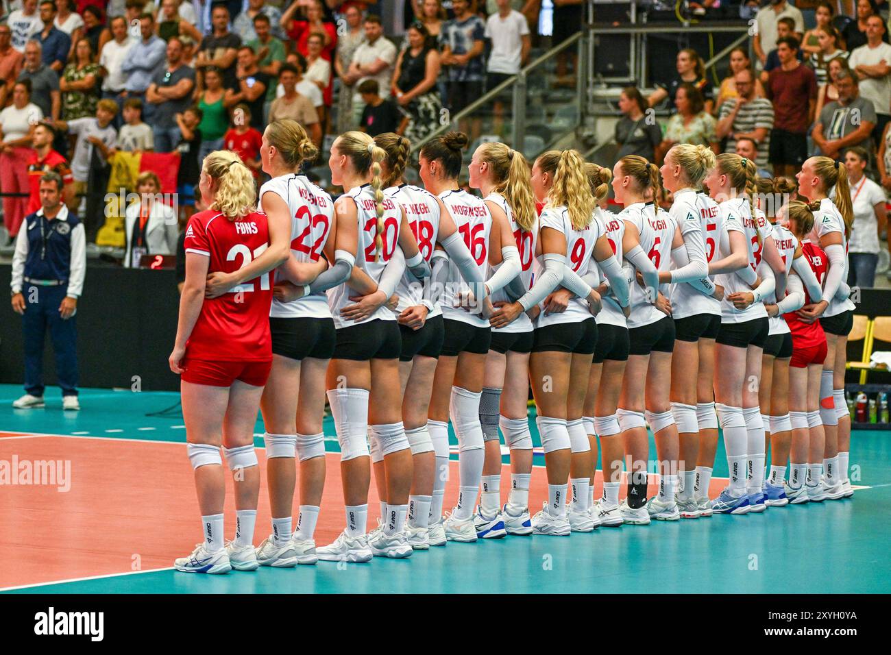 Kortrijk, Belgium. 28th Aug, 2024. Line-up team Denmark pictured before a Volleyball game ...