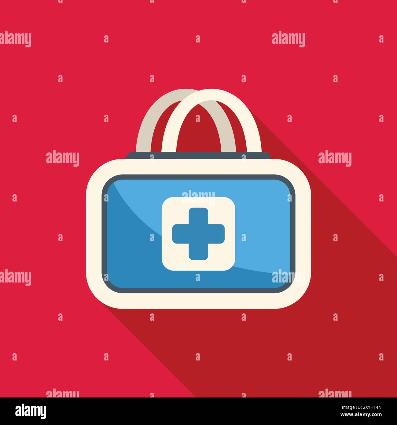 Blue first aid kit closed, lying on a red background, casting a long ...