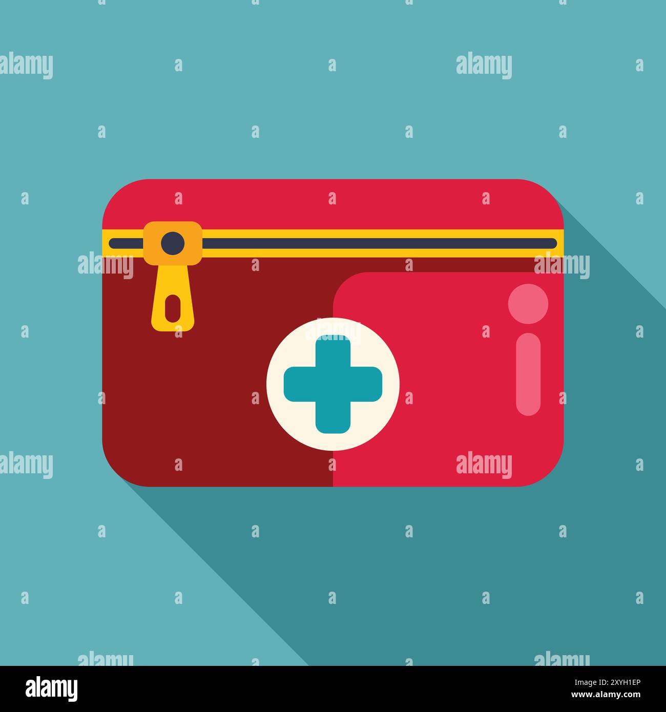 Red first aid kit closed with a zipper showing the information sign ...