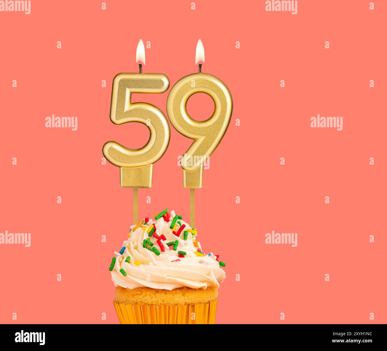 Birthday number 59 - Golden candle with cupcake Stock Photo - Alamy