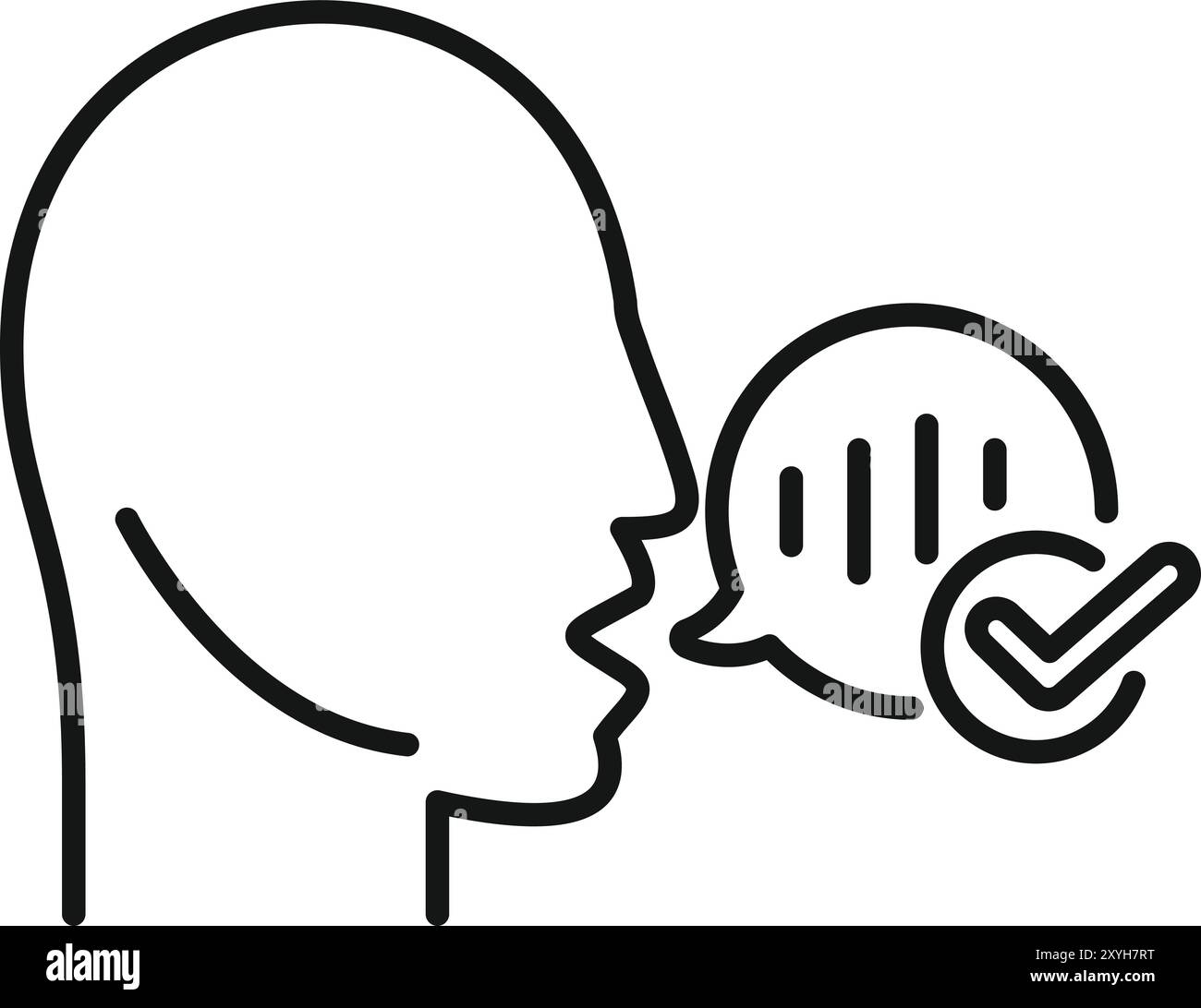 Human head profile with soundwave symbol and check mark in a speech ...