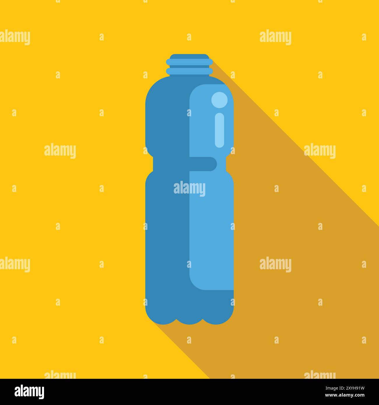 Blue plastic bottle casting long shadow on yellow background, simple ...