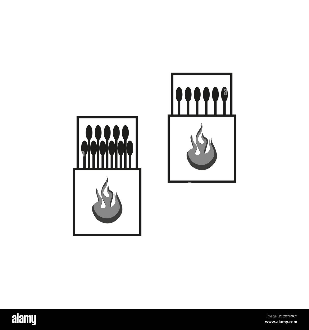 Matchbox icon set. Black and white flame symbol. Two matchboxes with ...
