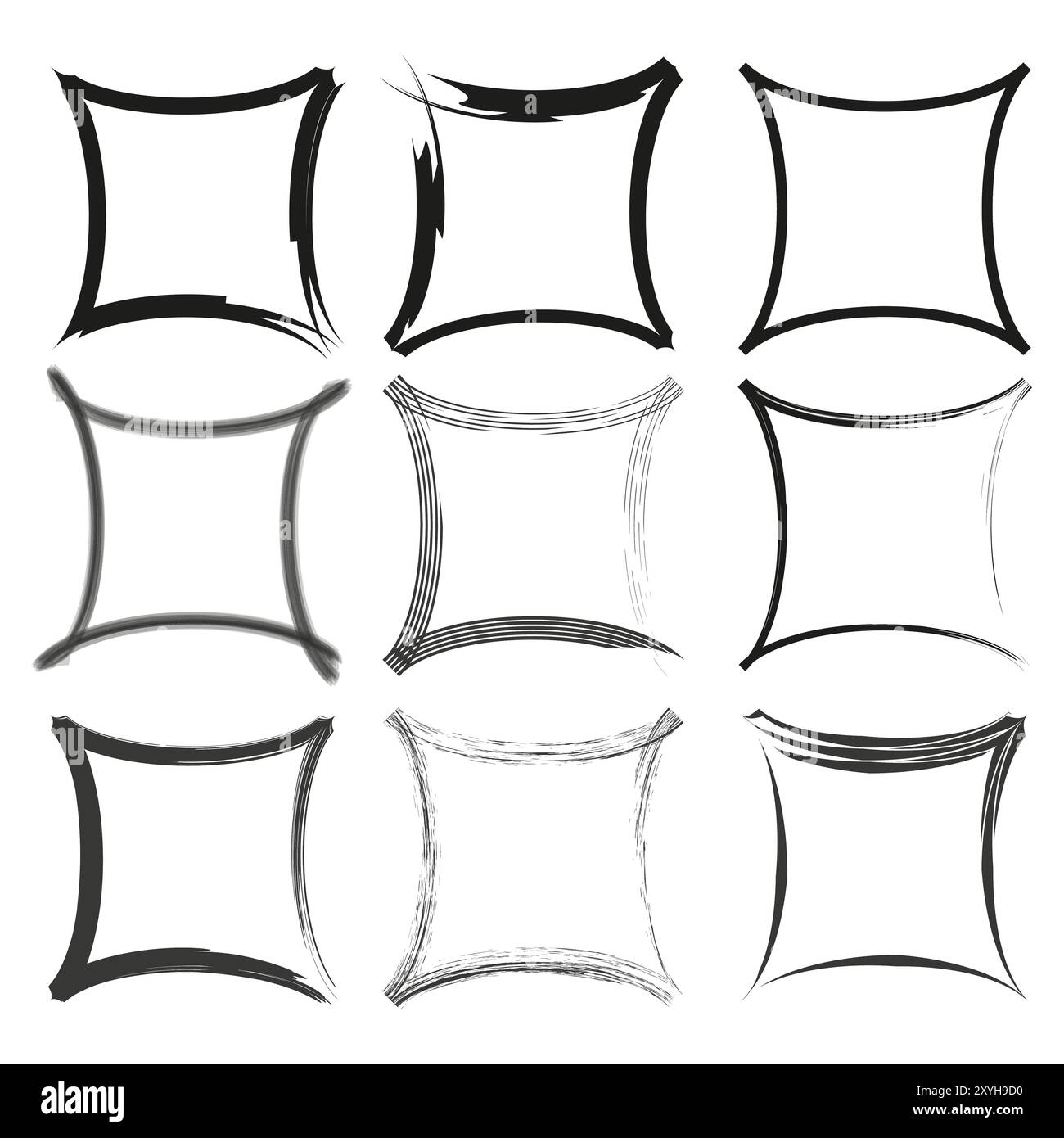 Nine abstract square frames. Hand drawn rough edges. Dynamic black ...