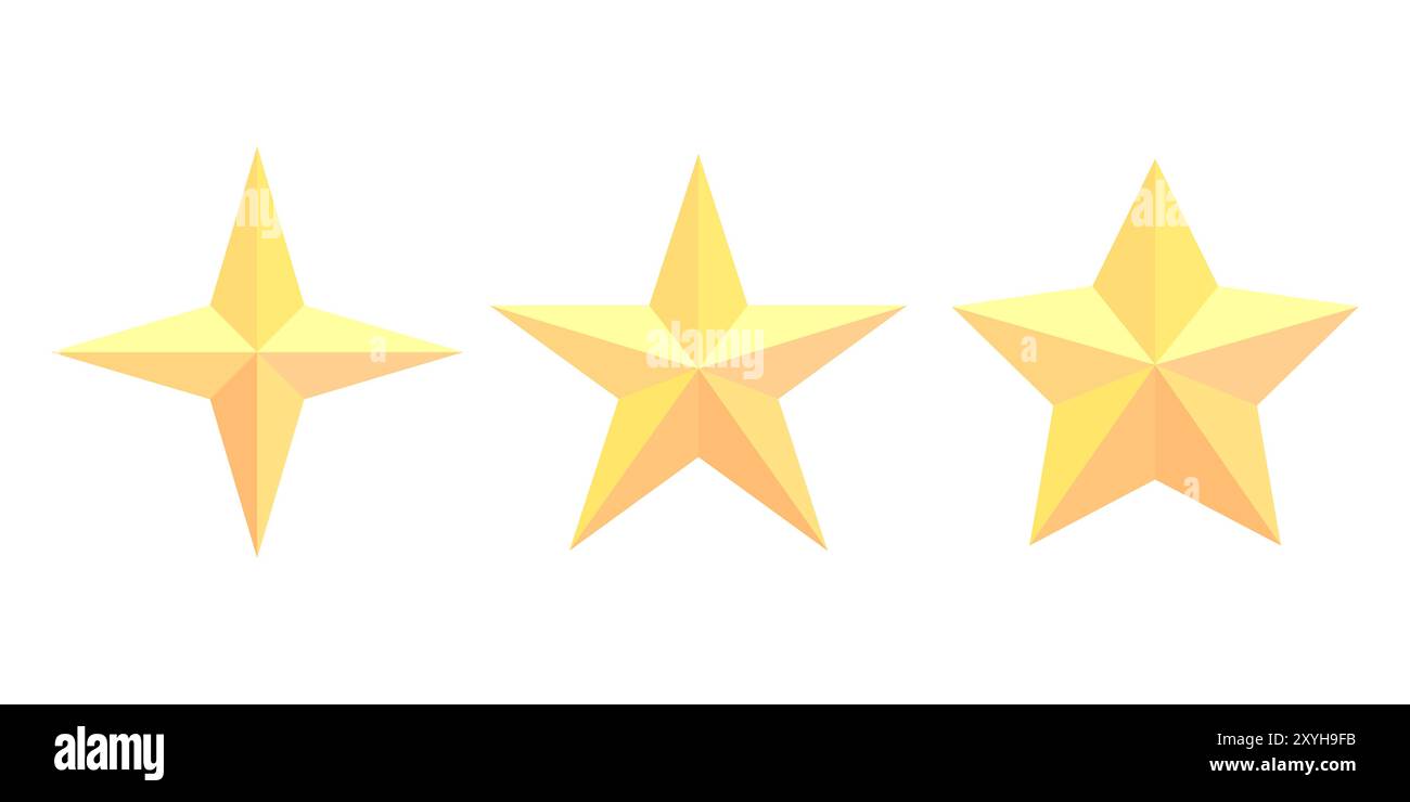 Yellow star icons. Geometric three dimensional shapes. Gradient golden hues. Vector symbols ...