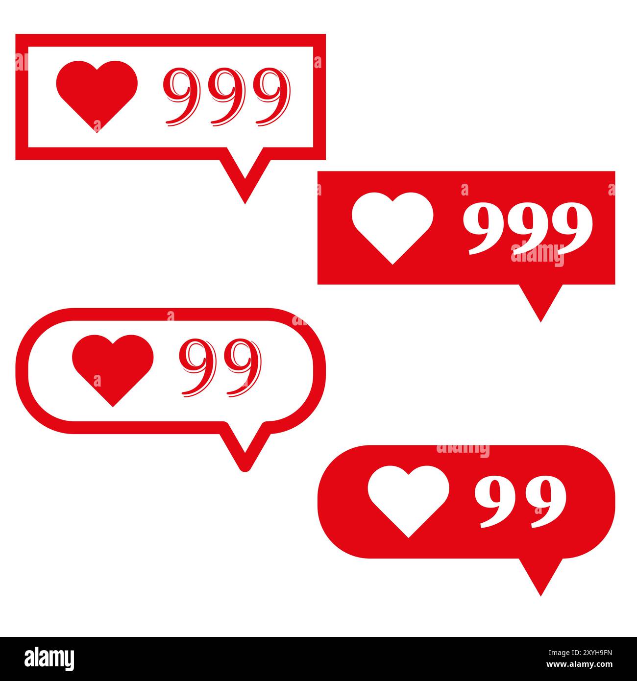 Heart like icons. Social media counter symbols. Numbers 99 and 999 ...