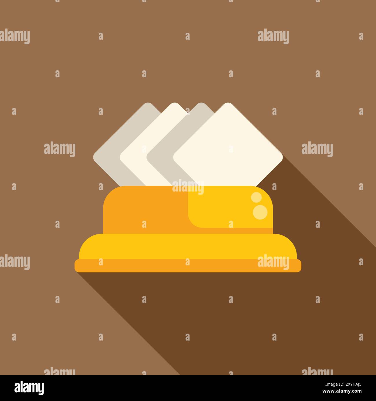 Simple vector icon of a yellow tissue box with tissues sticking out, set against a brown ...