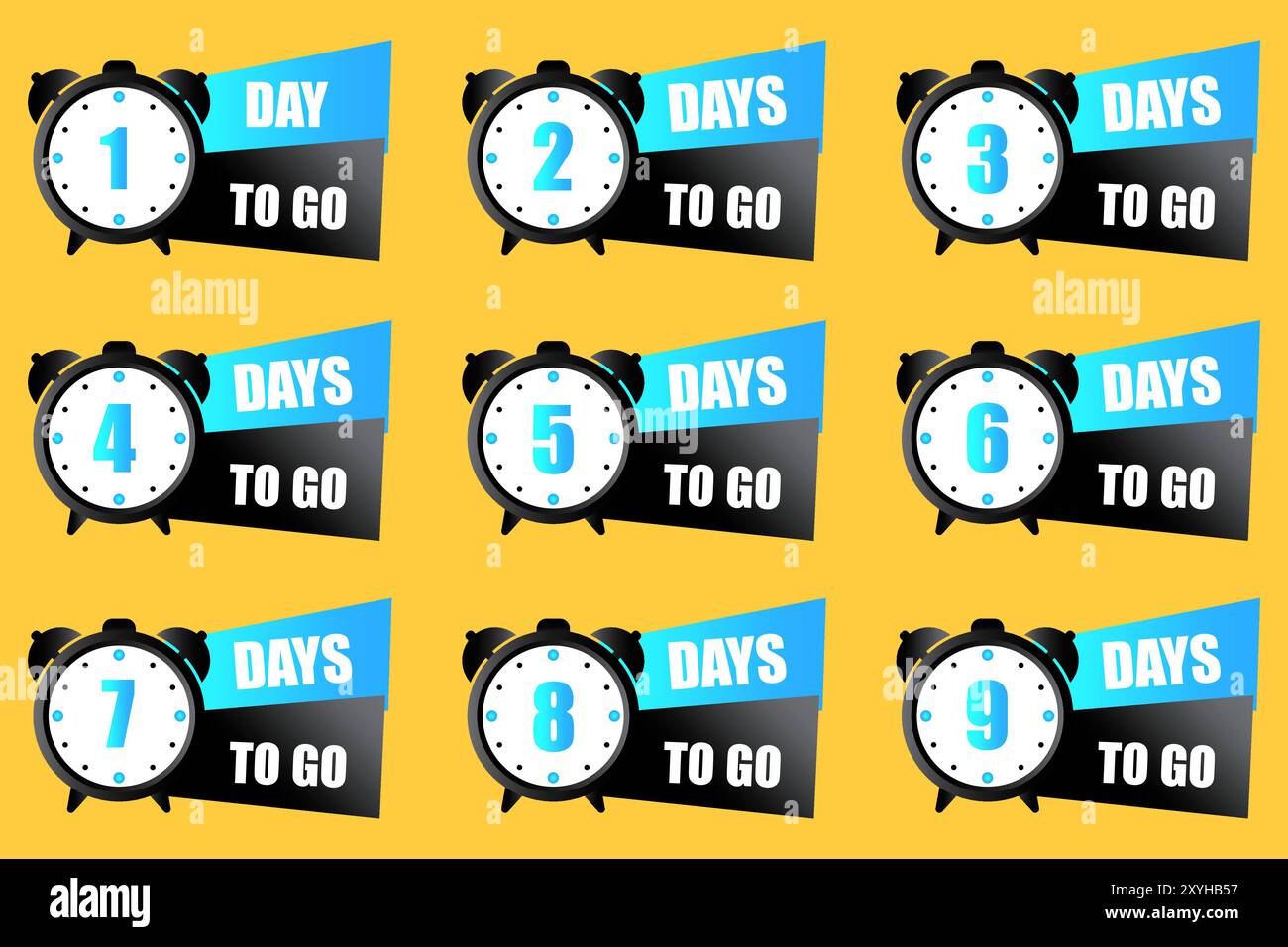 Countdown timer illustration set. Numbers one to nine focus. Bold days to go text. Yellow ...