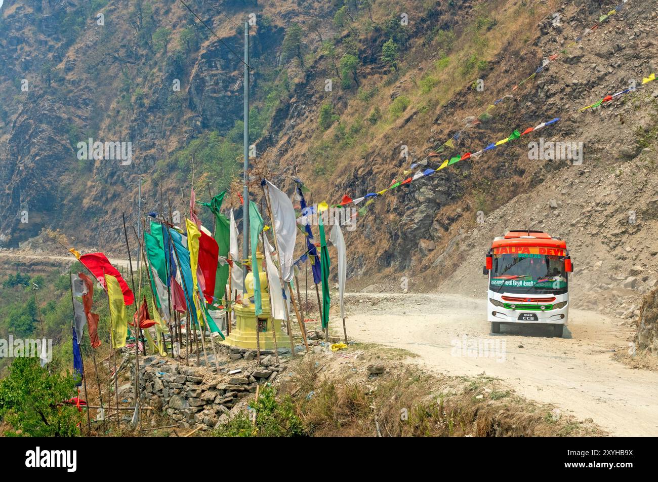 Bus on the road from Kathmandu to Syabrubesi in Langtang National Park ...