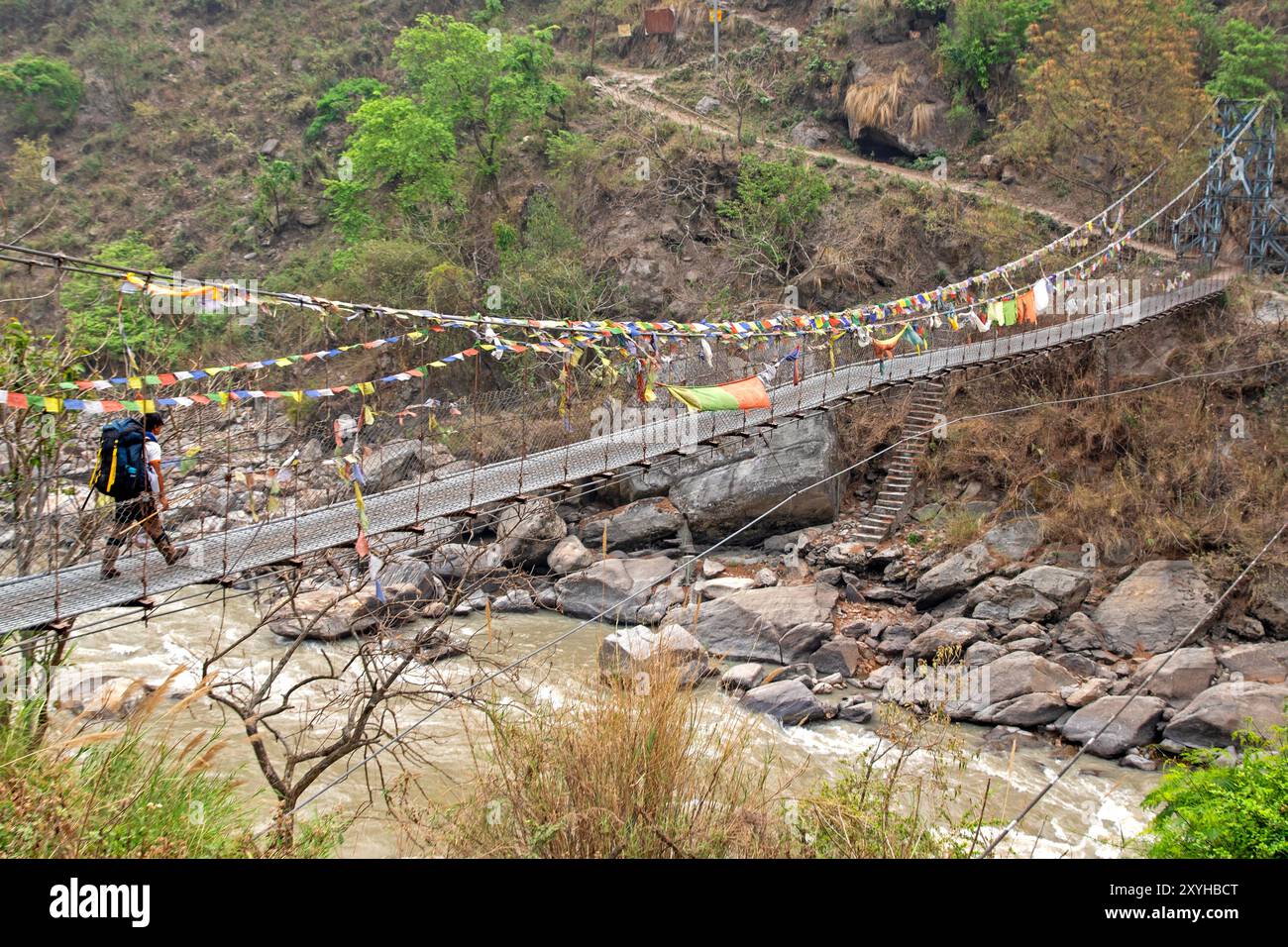 Suspension bridge at the langtang valley hi-res stock photography and ...