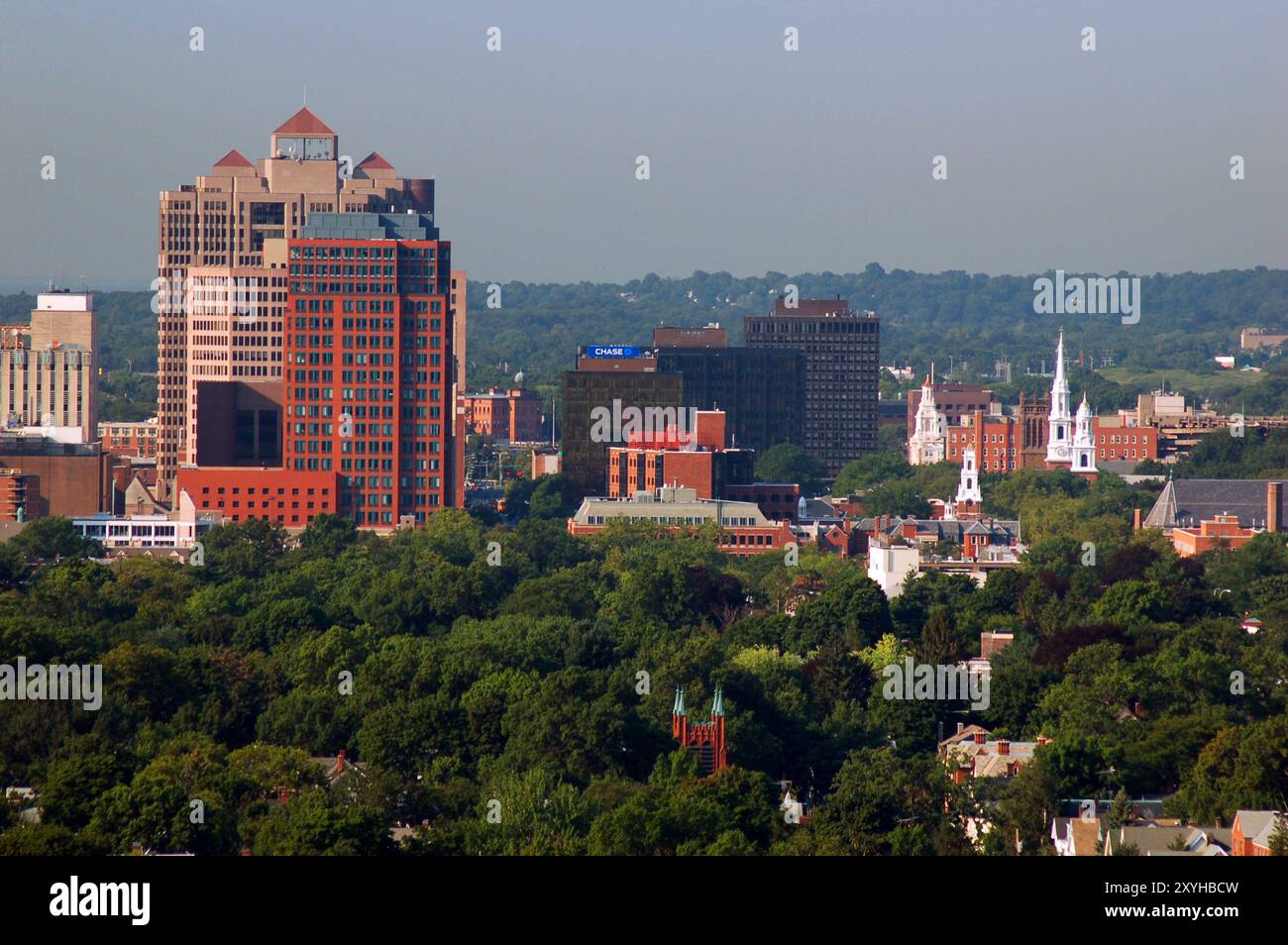 The steeples of the churches rise near the office buildings and high ...